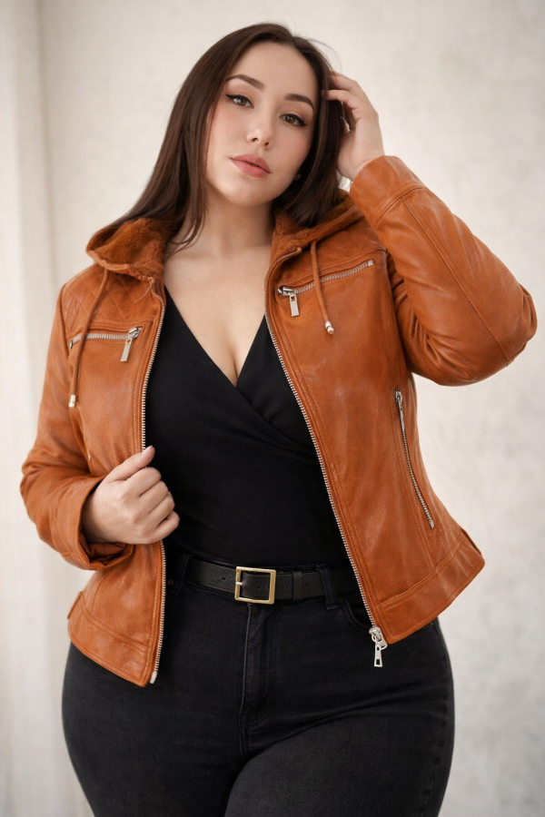 CHAQUETA MOTTO CON CAPUCHA EFECTO CUERO – Boomcurvy